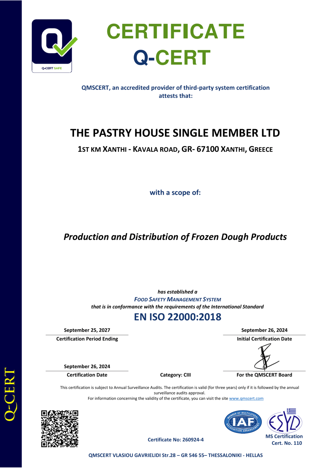 CERTIFICATE Q-CERT – The Pastry House